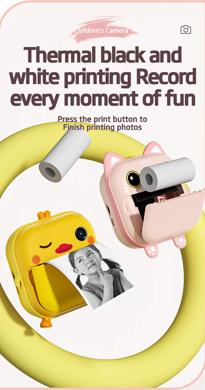 Cartoon Cat Dinosaur Kids Camera Instant Print Thermal Paper 2.4-inch ...