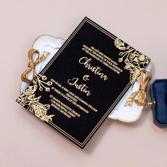 Black Velvet Invitations with Gold Foiling Printing Velvet Wedding ...
