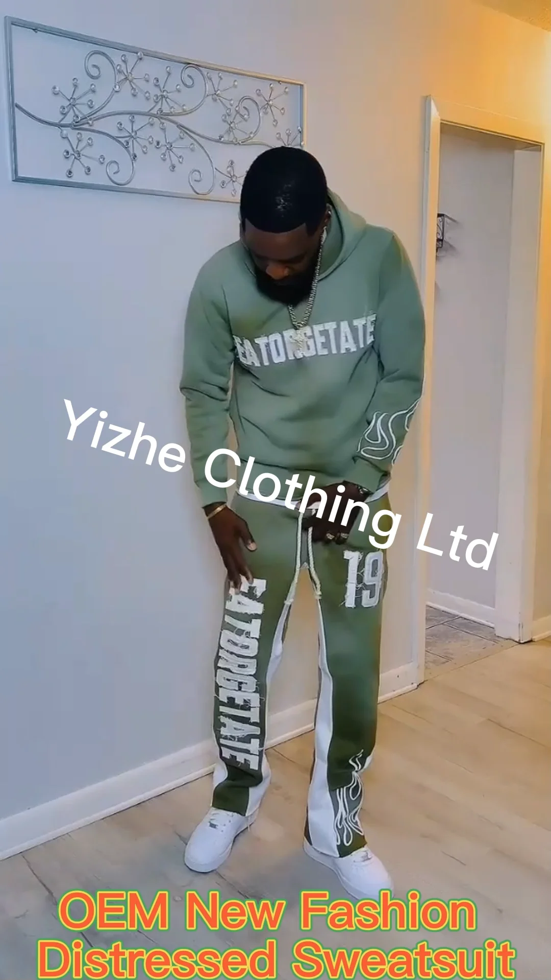 Oem Custom Embroidered Acid Wash Sun Faded Tracksuit Distressed Stacked ...