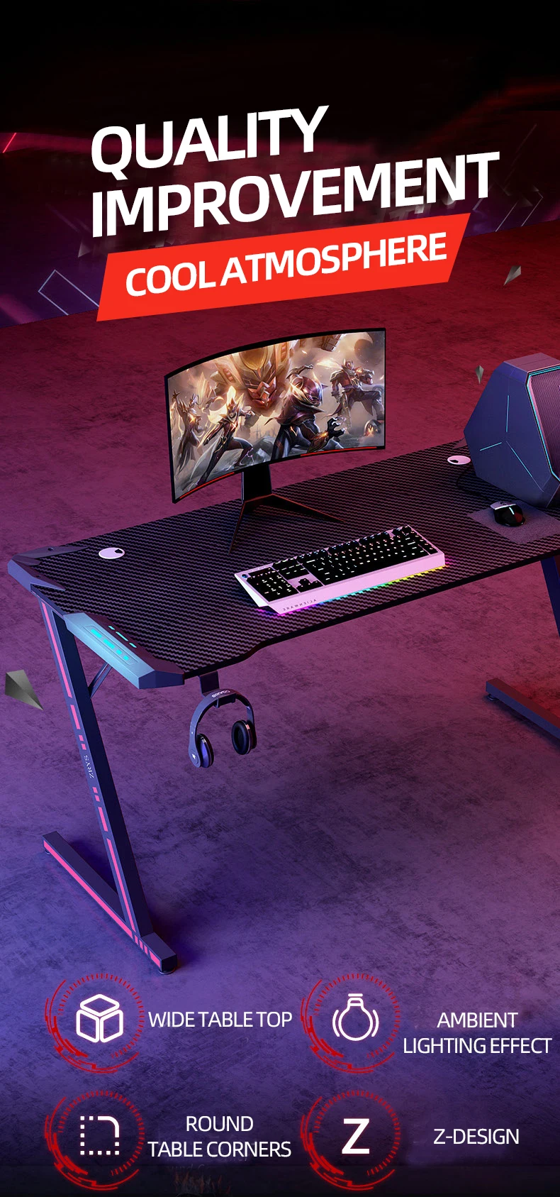Z-shape Mesa Gaming Table with RGB Luz - Stylish & Functional
