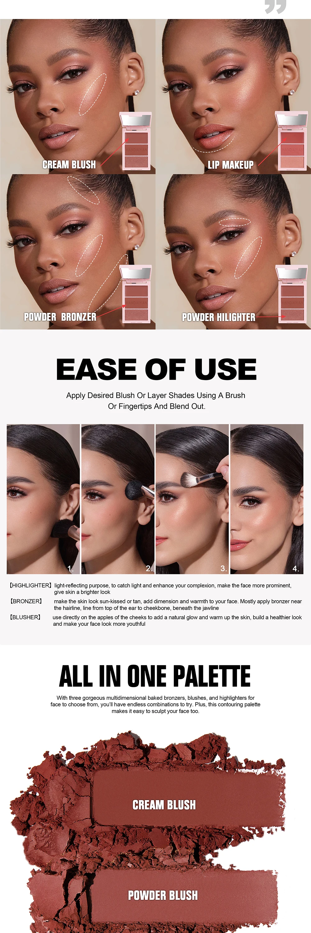 HANDAIYAN Vegan 3D Blush Trio Palette - Matte Nude & Pink Powder ...