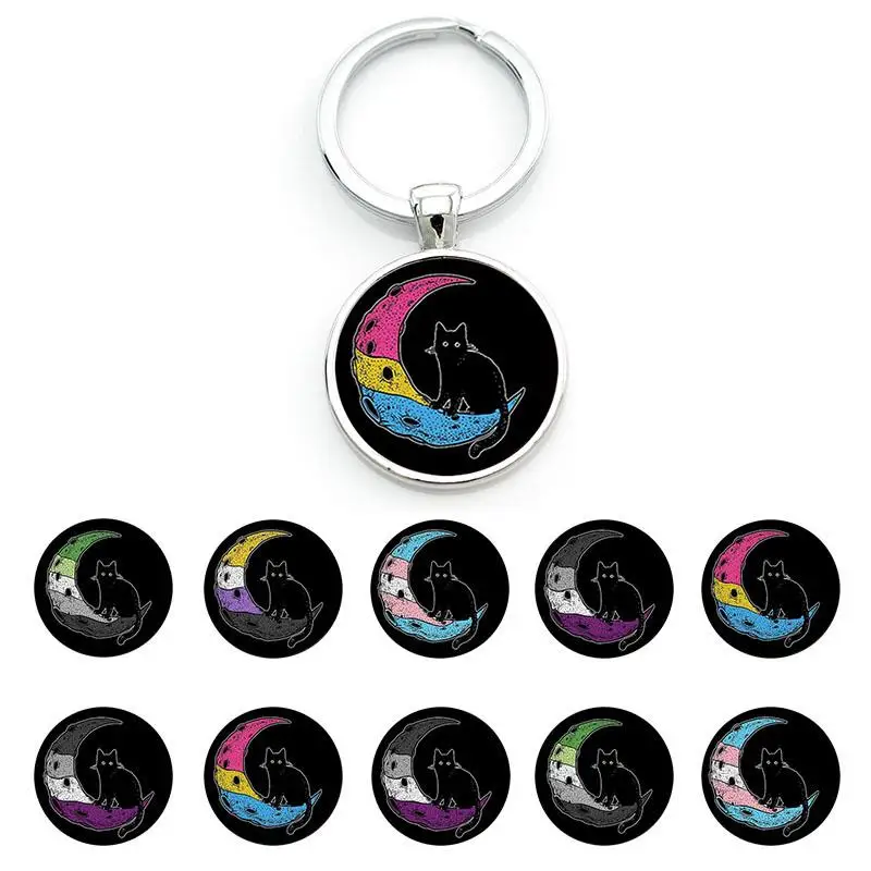 Cat On The Iridescence Moon Pattern Round Dome Keyrings Glass Cabochon ...