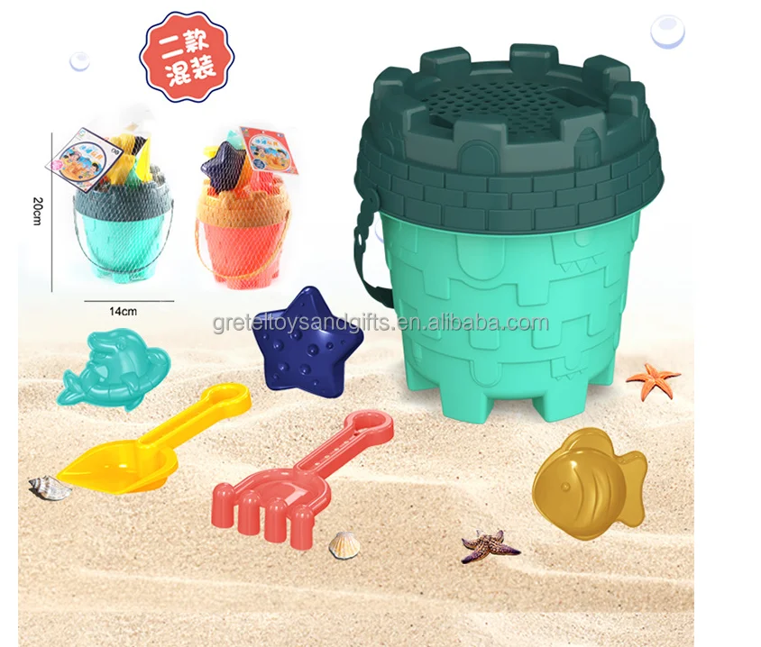 Wholesale plastic beach sand toys bucket set with sifter, shovel, rake ...