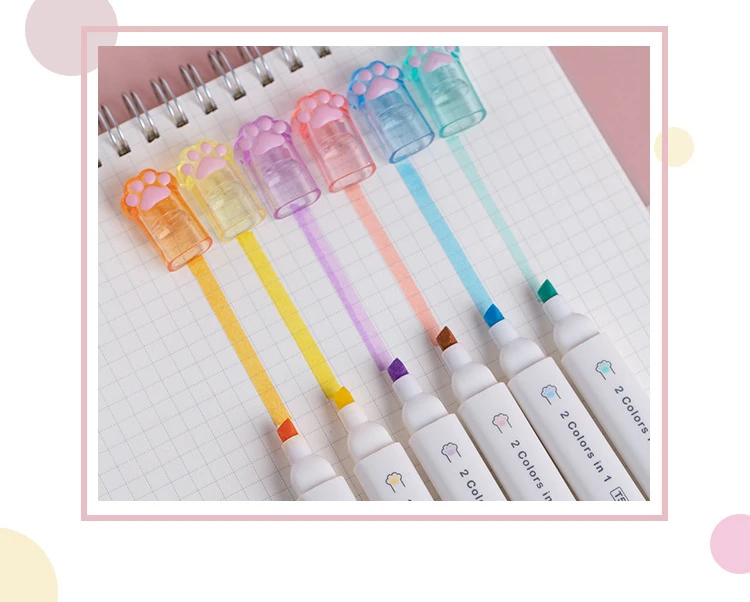 Cat Paw Highlighter Pen Set - 6 Color Dual-tip Markers - Oem