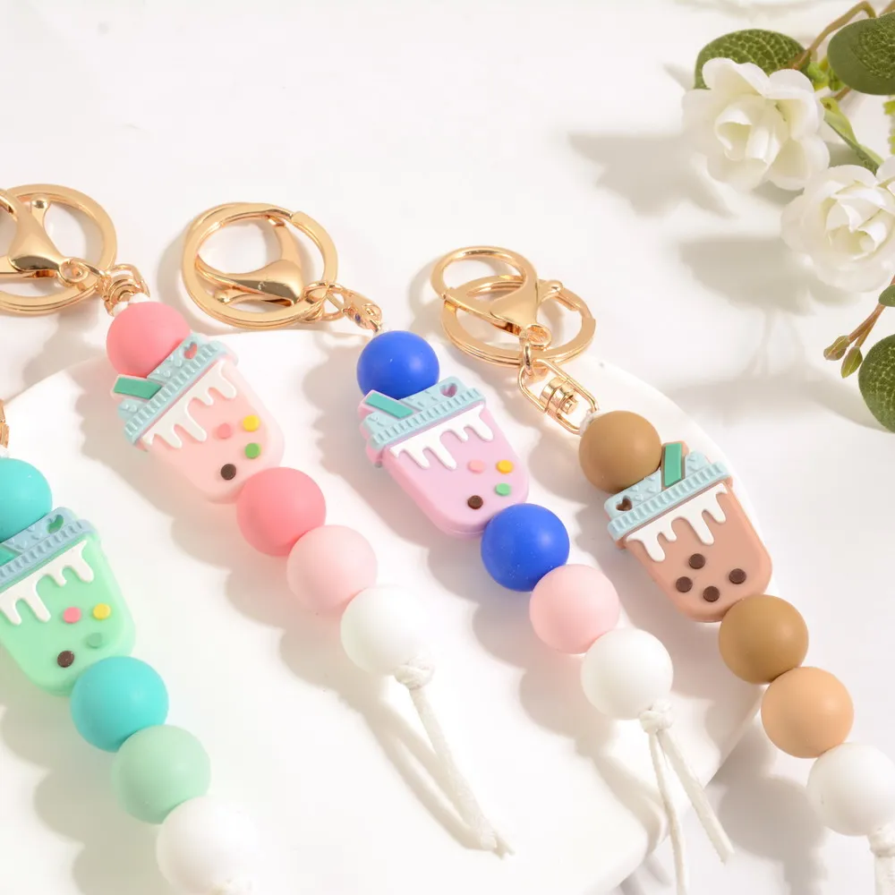 Bubble Tea Teacher Keychain Cute DIY Keyrings Silicone Beads Hand Woven ...