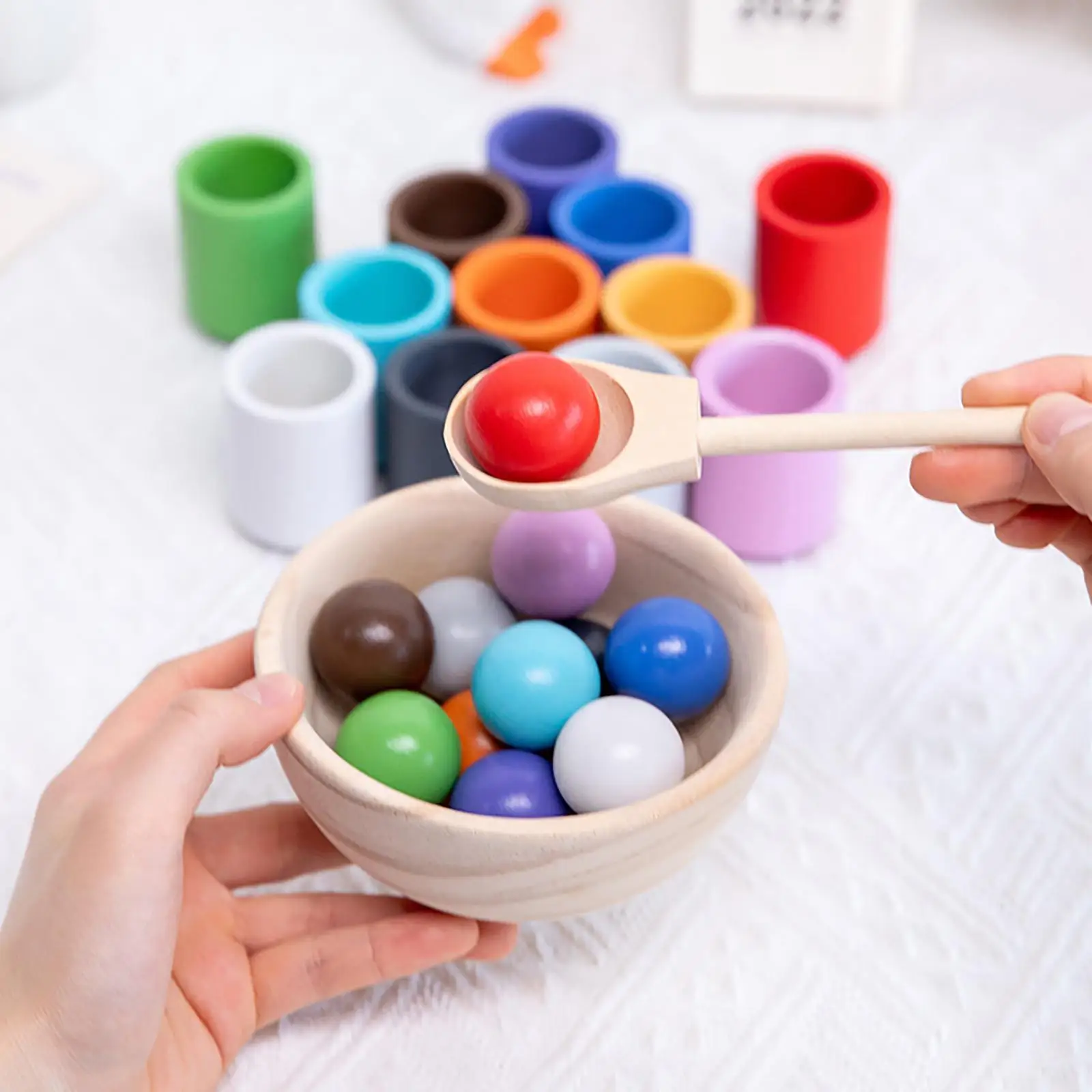 Wooden Rainbow Balls In Cups Montessori Toy Fine Motor Early Education ...