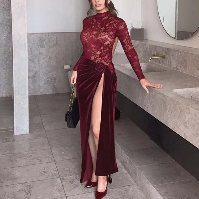 FS15671D Ladies Sexy Lace Patchwork Party Split Dresses| Alibaba.com