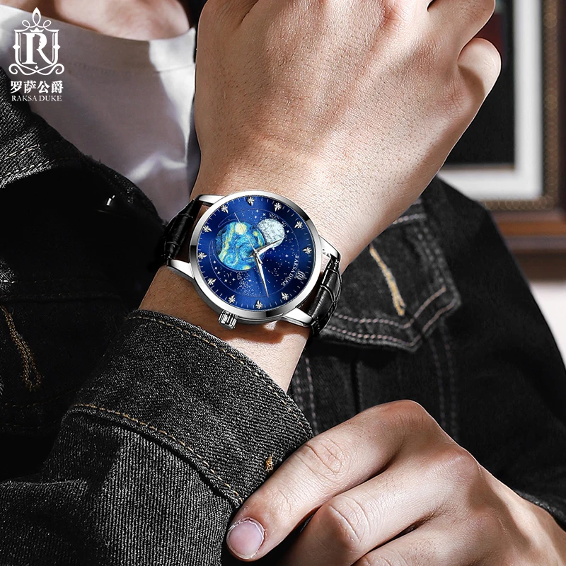 Raksa Duke Waterproof Mens Leather Watch Moon Phase Art Design ...