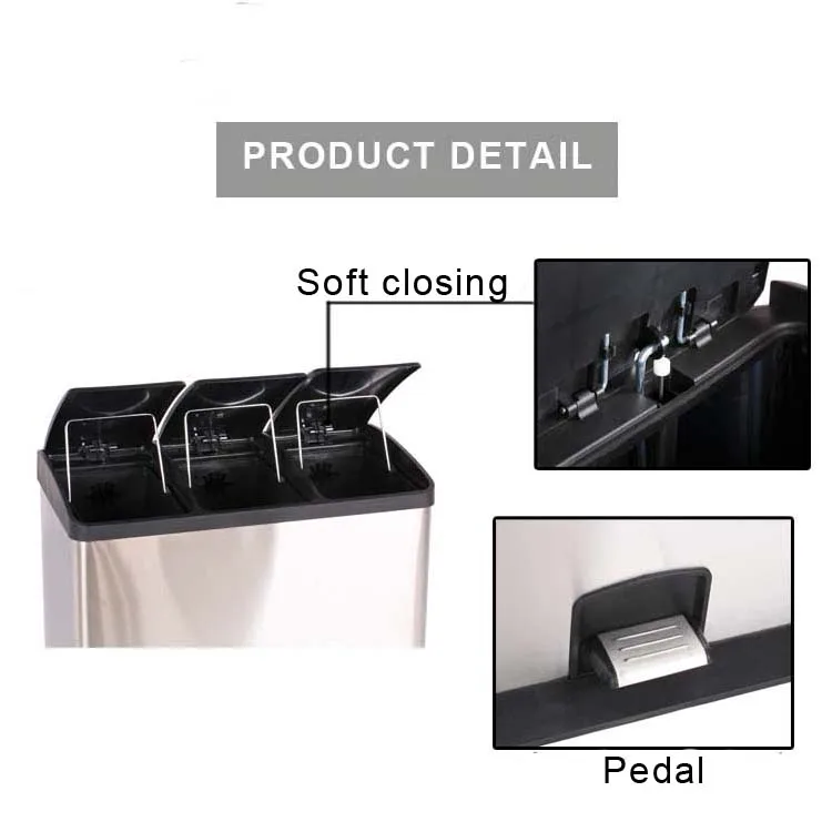 36L Stainless Steel 3 Compartment Recycle Bin - Sustainable