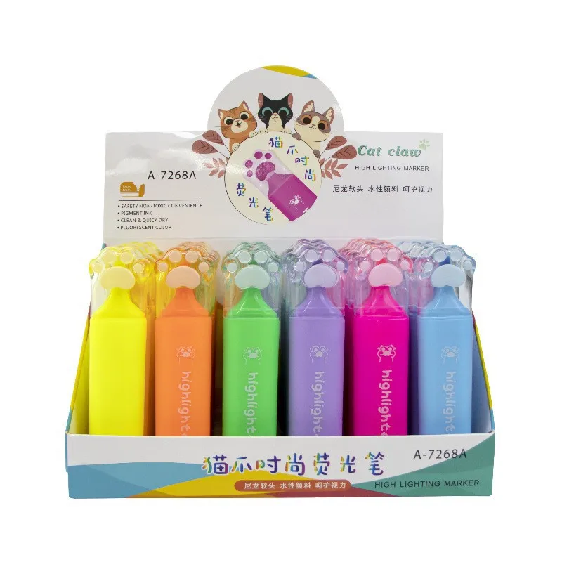 Creative Cute Cat Paw Highlighter Set Mini Flat Tip Plastic School ...