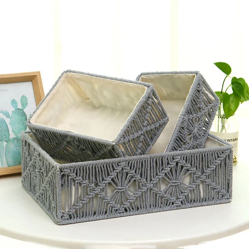 Handmade Woven Decor Macrame Storage Baskets Box Organizer With Wood ...