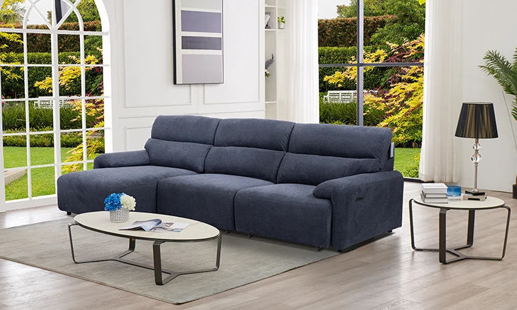 CHEERS Blue Fabric Power Slide Chaise Sofa Bed for Living Room