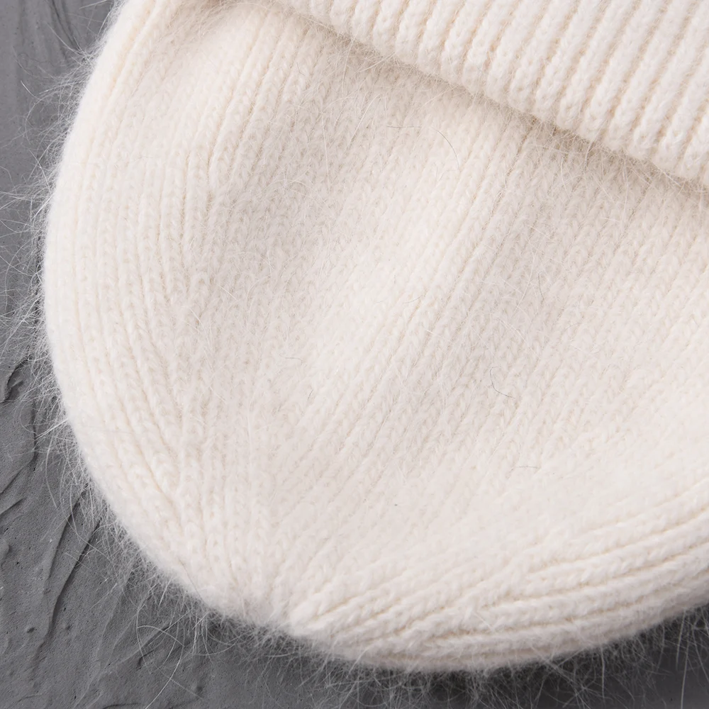 Outdoor Double Flap Thick Fluffy Angora Rabbit Fur Beanie Hat Striped ...