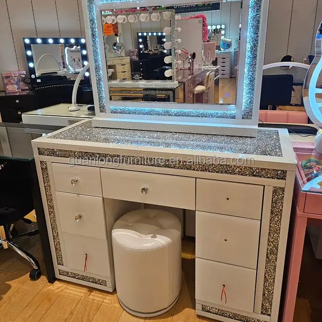 2025 Light Luxury White Thirteen Drawers Led Mirrored Vanity Table ...