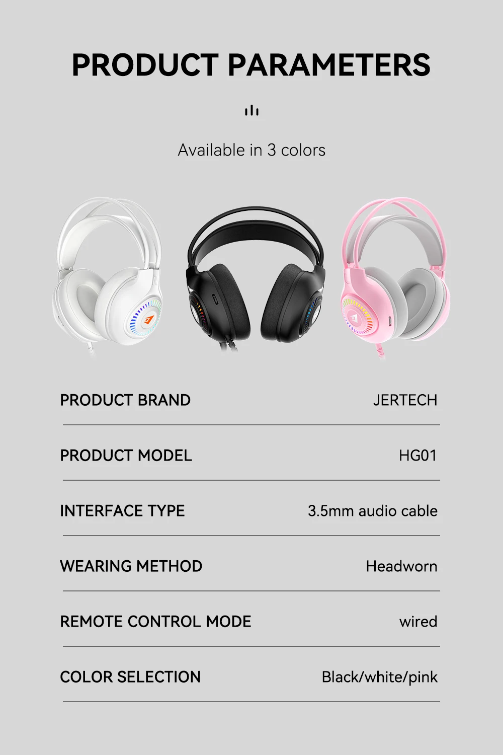 Jertech HG01 RGB Gaming Headset - Wired PC Headphones with ANC, Multicolor Lights for DJs ...