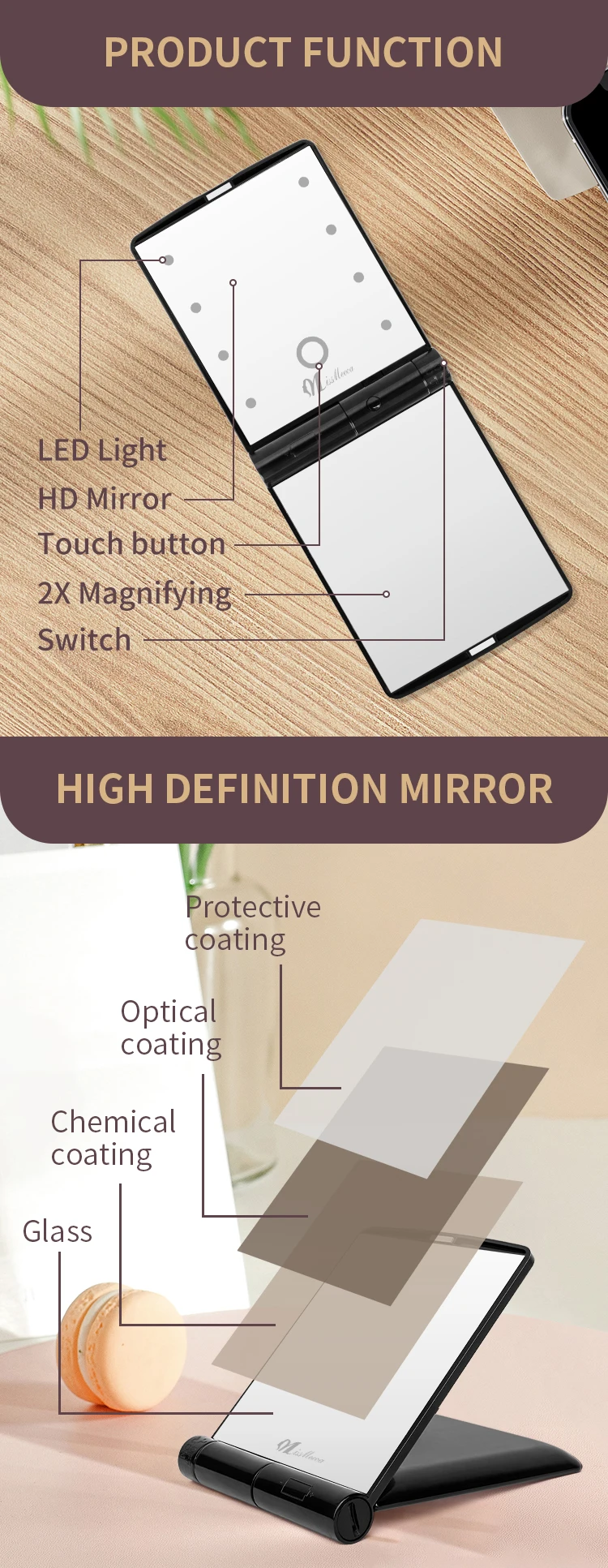Foldable Led Lighted Travel Small Pocket Mirrors Custom Logo Portable ...