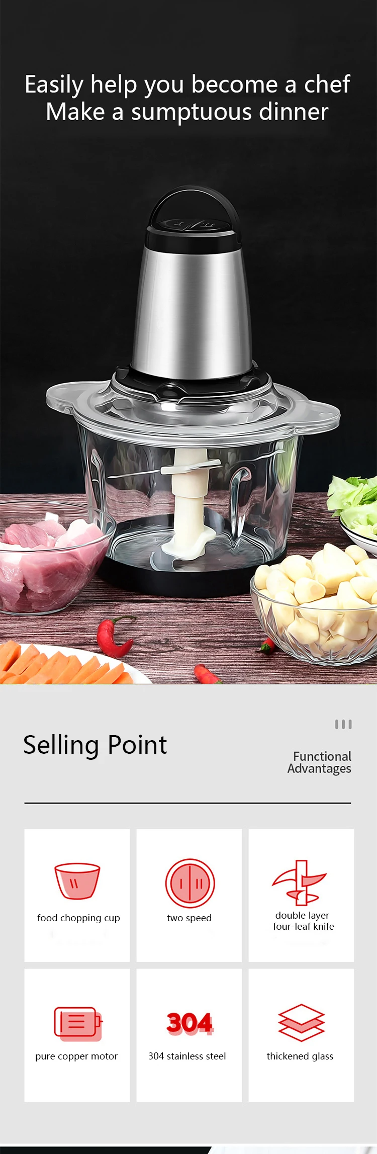 Wholesale 2L 3L 5L Home Use Meat Chopper Meat Grinder Parts Food Processor Stainless Steel ...