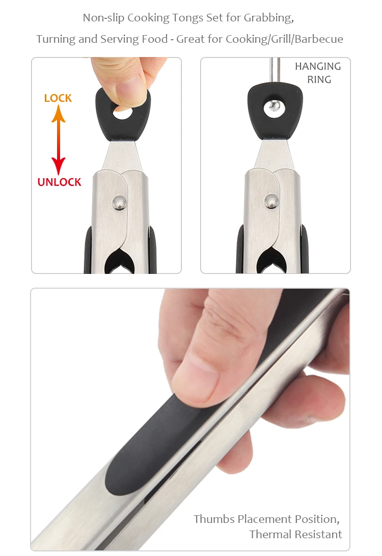 Stainless Steel BBQ Cooking Tongs with Soft Touch Grip, Premium Black ...