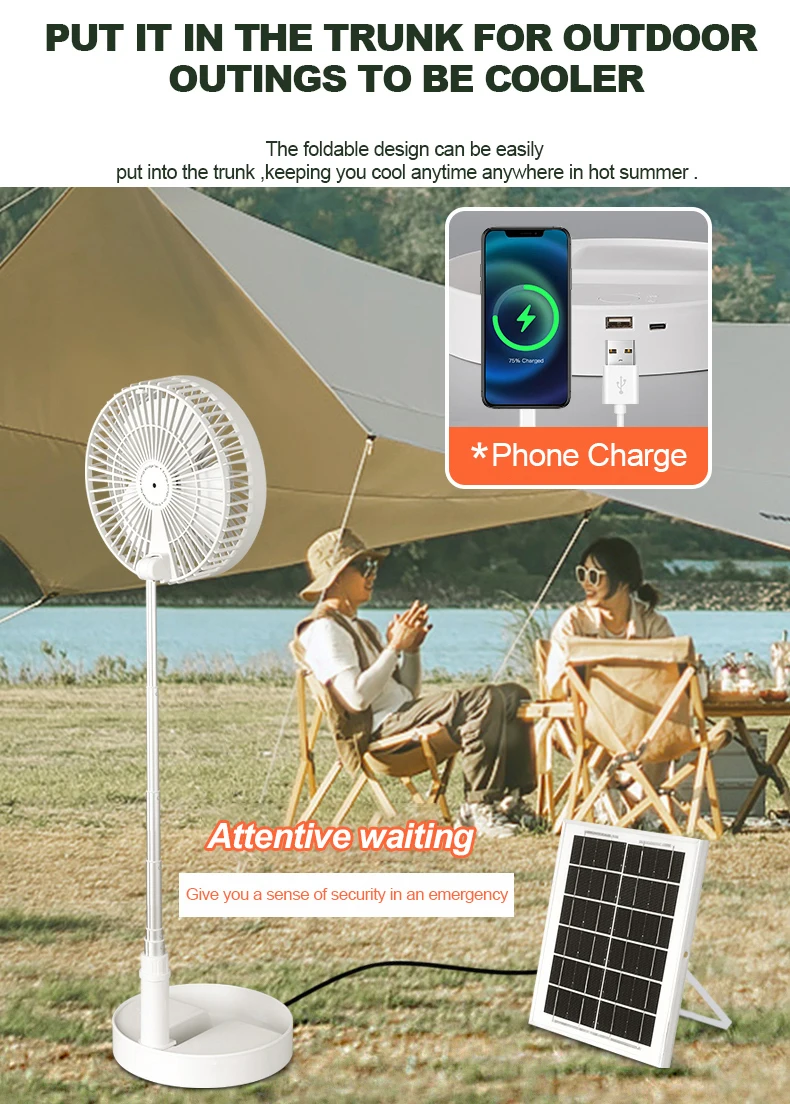 Portable USB Charging Fan with Solar Power - 2 Years Warranty