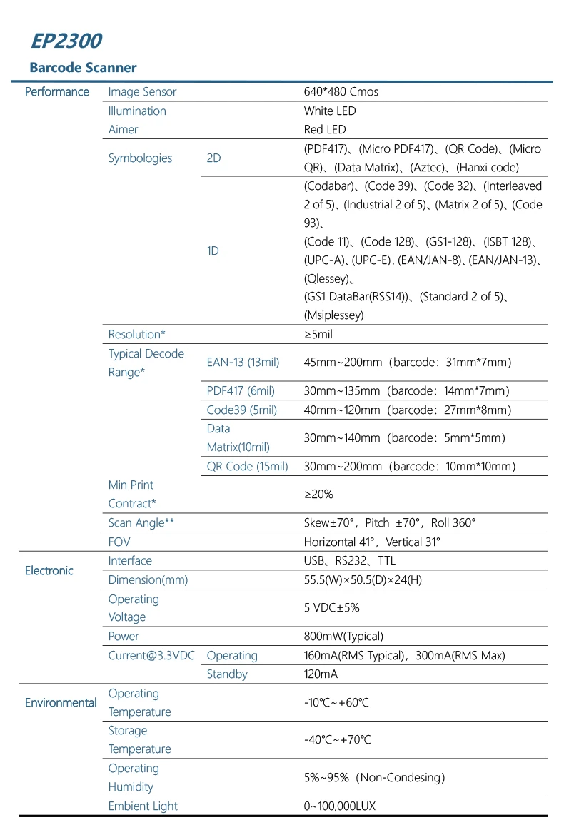 Industiral Barcode Scanner - EP2300 for Factory & 3C Plant