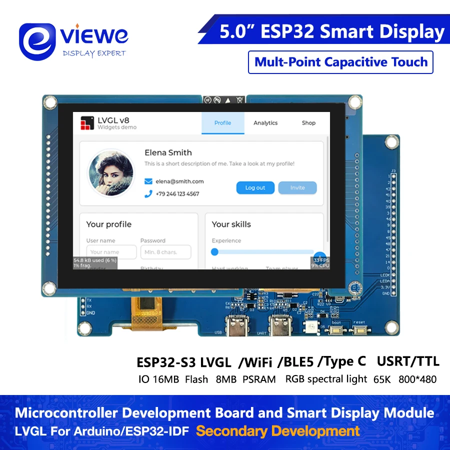 ESP32 S3 LVGL 5 Inch 800x480 Development Board with Wifi & Bluetooth