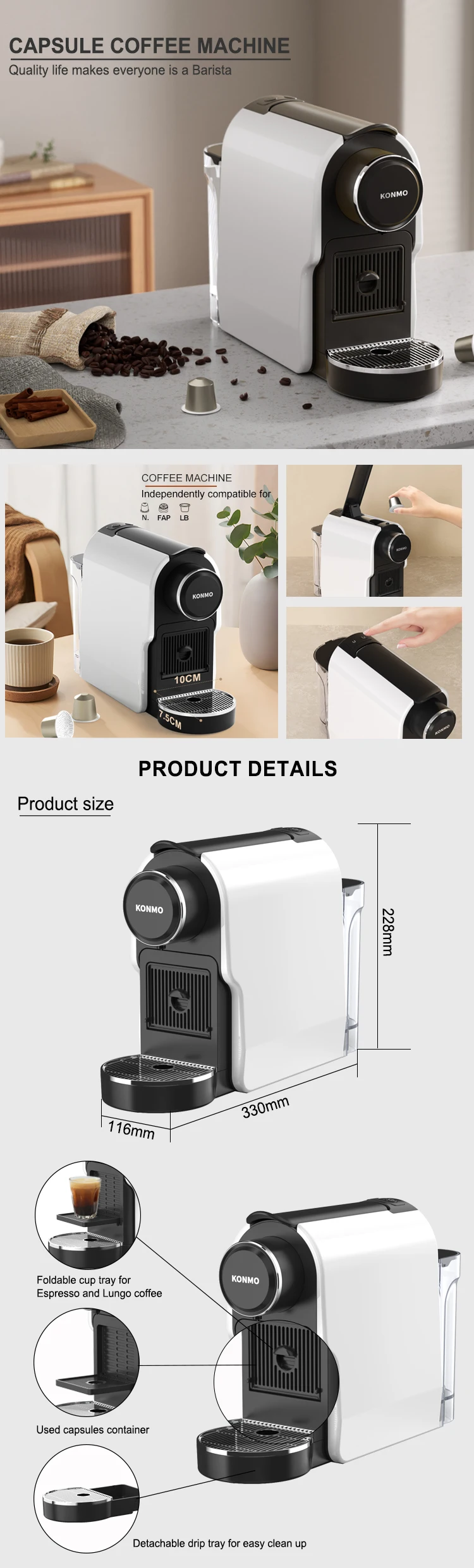Konmo ABS Capsule Coffee Machine - Automatic Cappuccino Maker