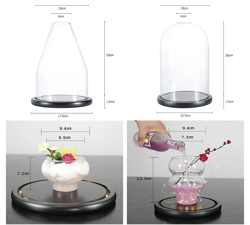 Glass Display Dome Cloche for Smoking Drinks with Wooden Base