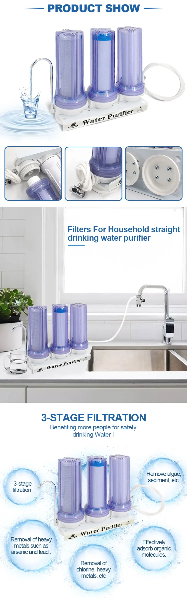 Manual Powered 10\" 3-Stage Reverse Osmosis Water Filter Whole Housing ...