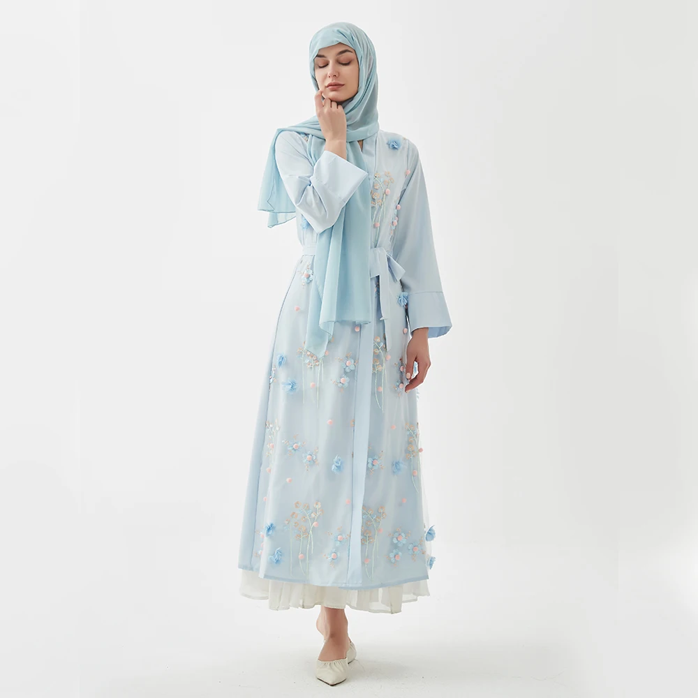 2024 Angel Blue Floral Abaya With Spandex Women's Modern Islamic Lace ...