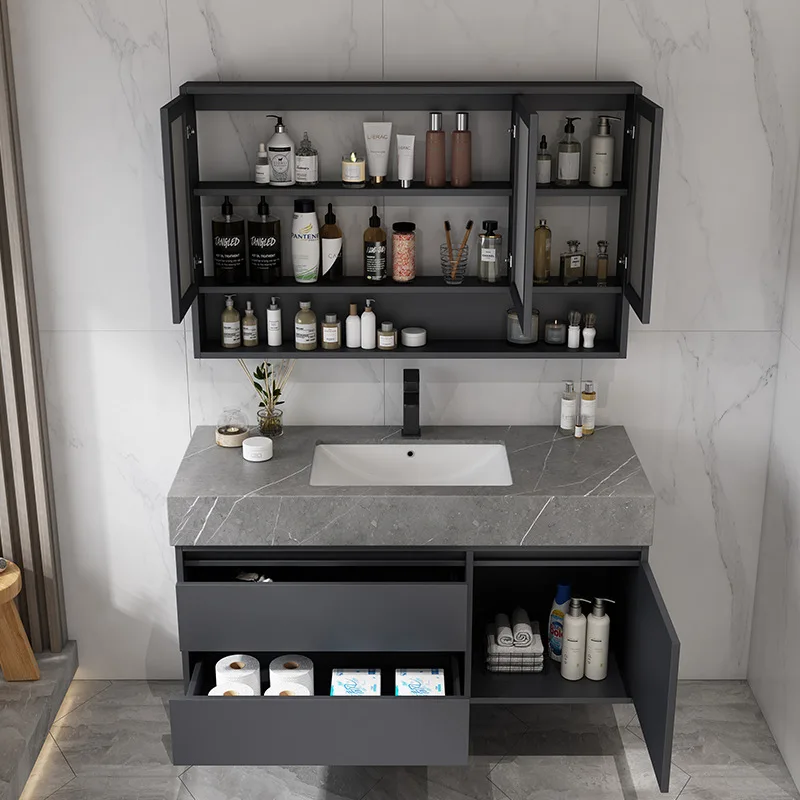 Modern Simple Style Rock Plate Ceramic Basin Waterproof Mirror Cabinet ...