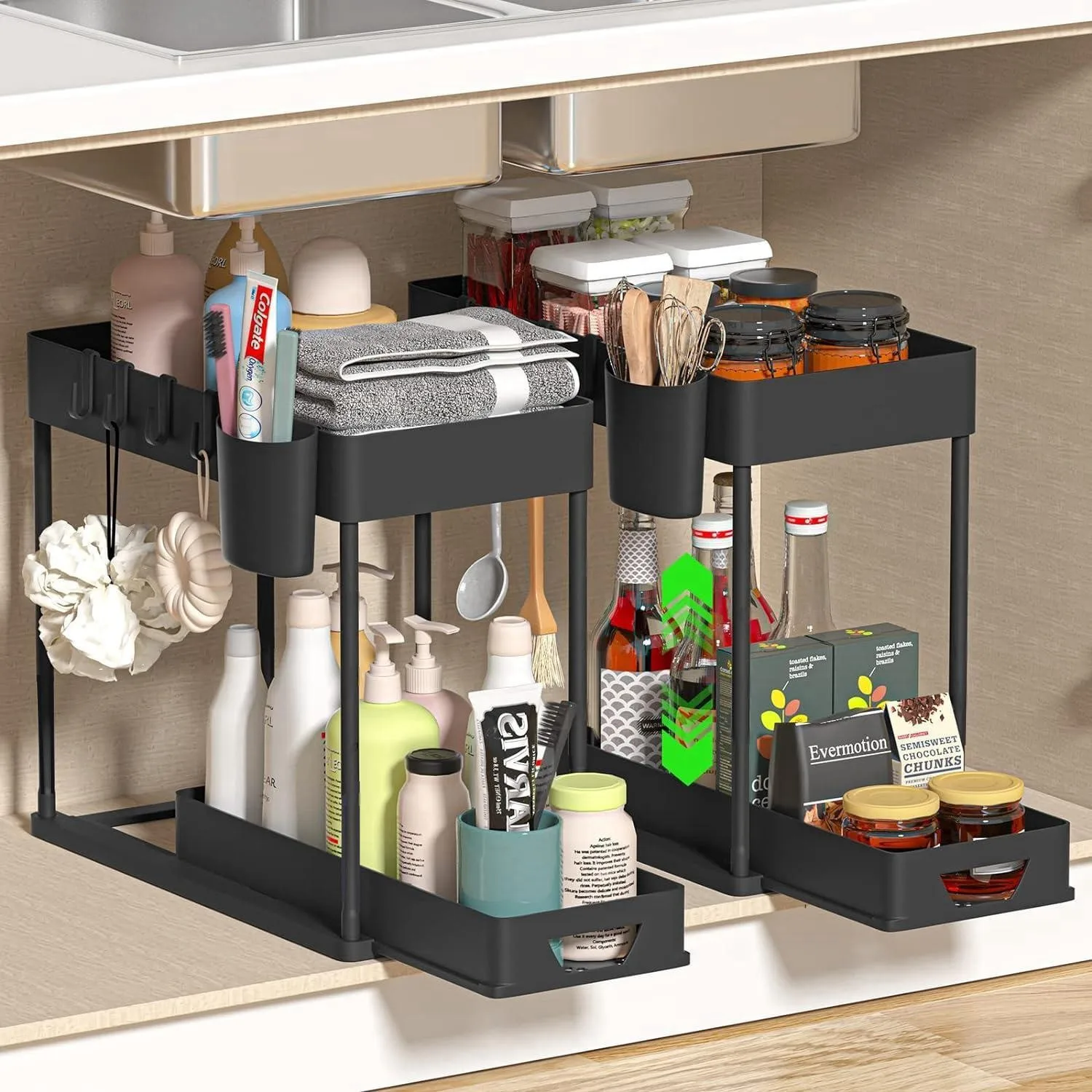 2 Tier Pull Out Plastic Slide Shelf - Black & Retractable