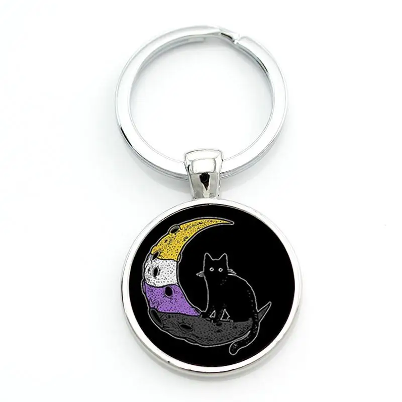 Cat On The Iridescence Moon Pattern Round Dome Keyrings Glass Cabochon ...