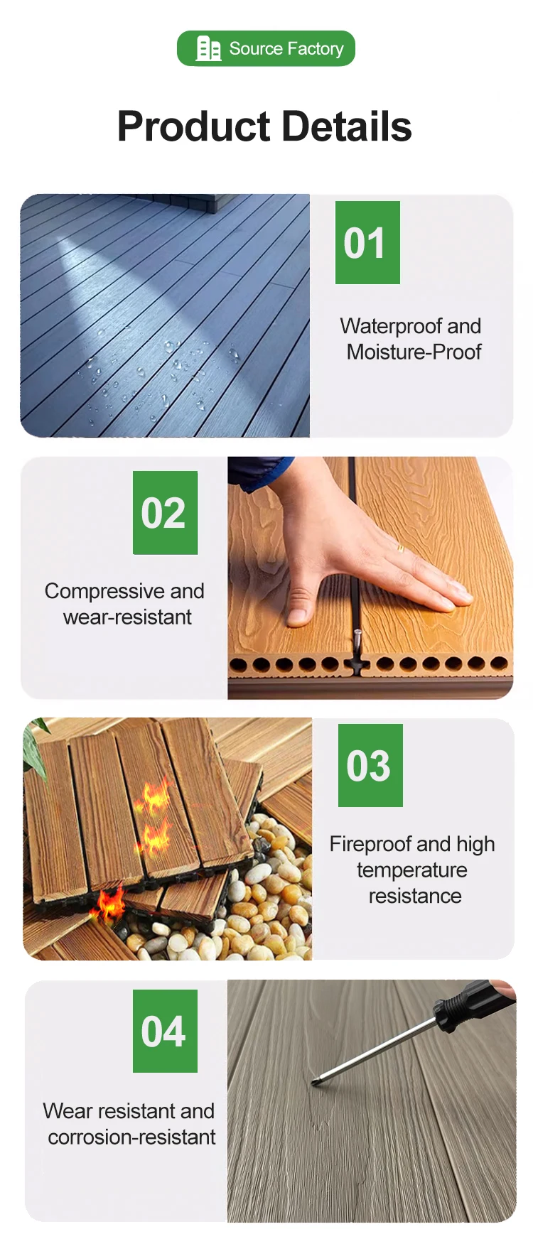 Outdoor Teak Ipe Oak Wood-Like Texture WPC Decking Tiles Wood Plastic ...