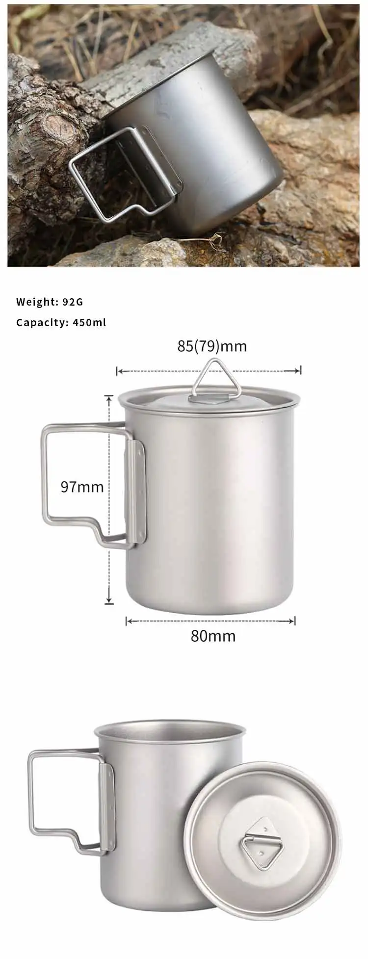 Outdoor Titanium Cup Pure Titanium Folding Cup With Lid Mug 450ml ...