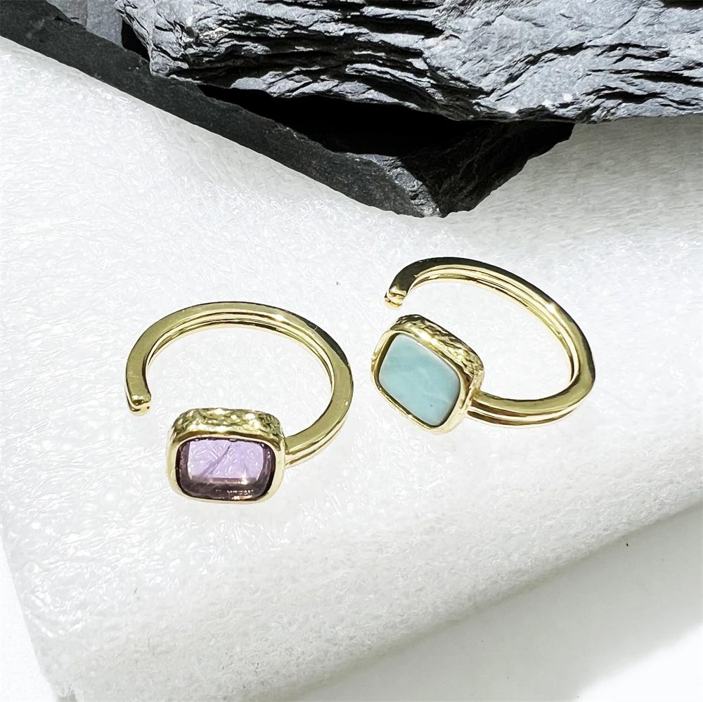 Fashion Gold Plating Jewelry Amethyst Larimar Geometric Square Stone Rings Natural Crystal Blue ...