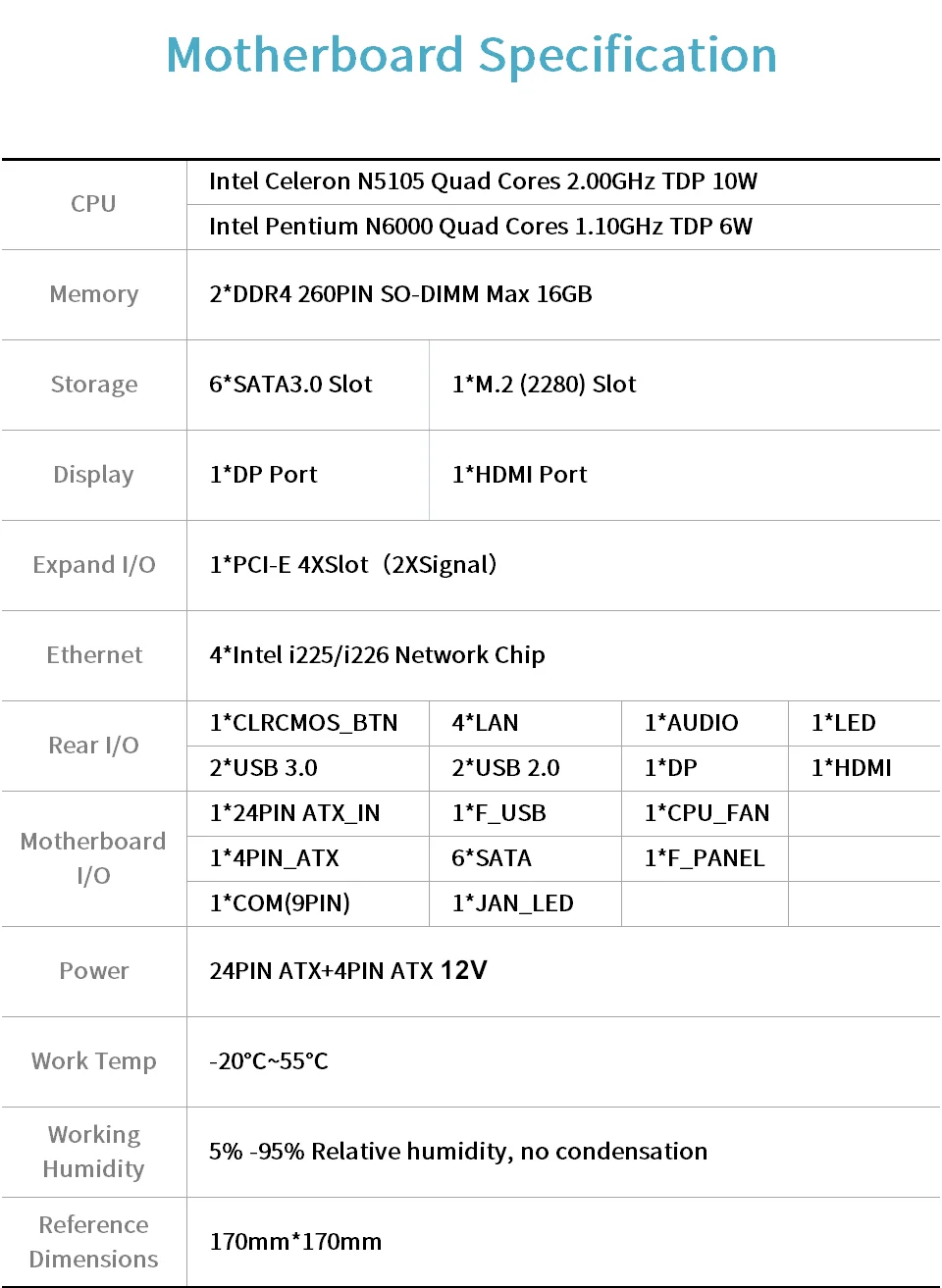 N5105 NAS Motherboard - Intel Celeron 4 Cores, 6*SATA3.0