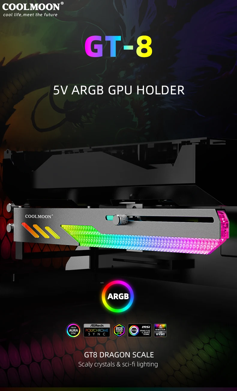 COOLMOON 2024 Popular PC Graphics Card Stand GT8 5V3PIN ARGB GPU Holder ...