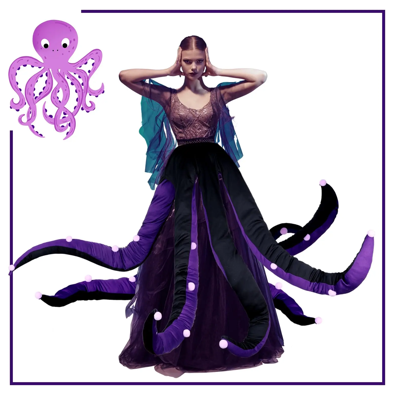 Women’s Octopus Costume - Black Purple Dress with Tentacles