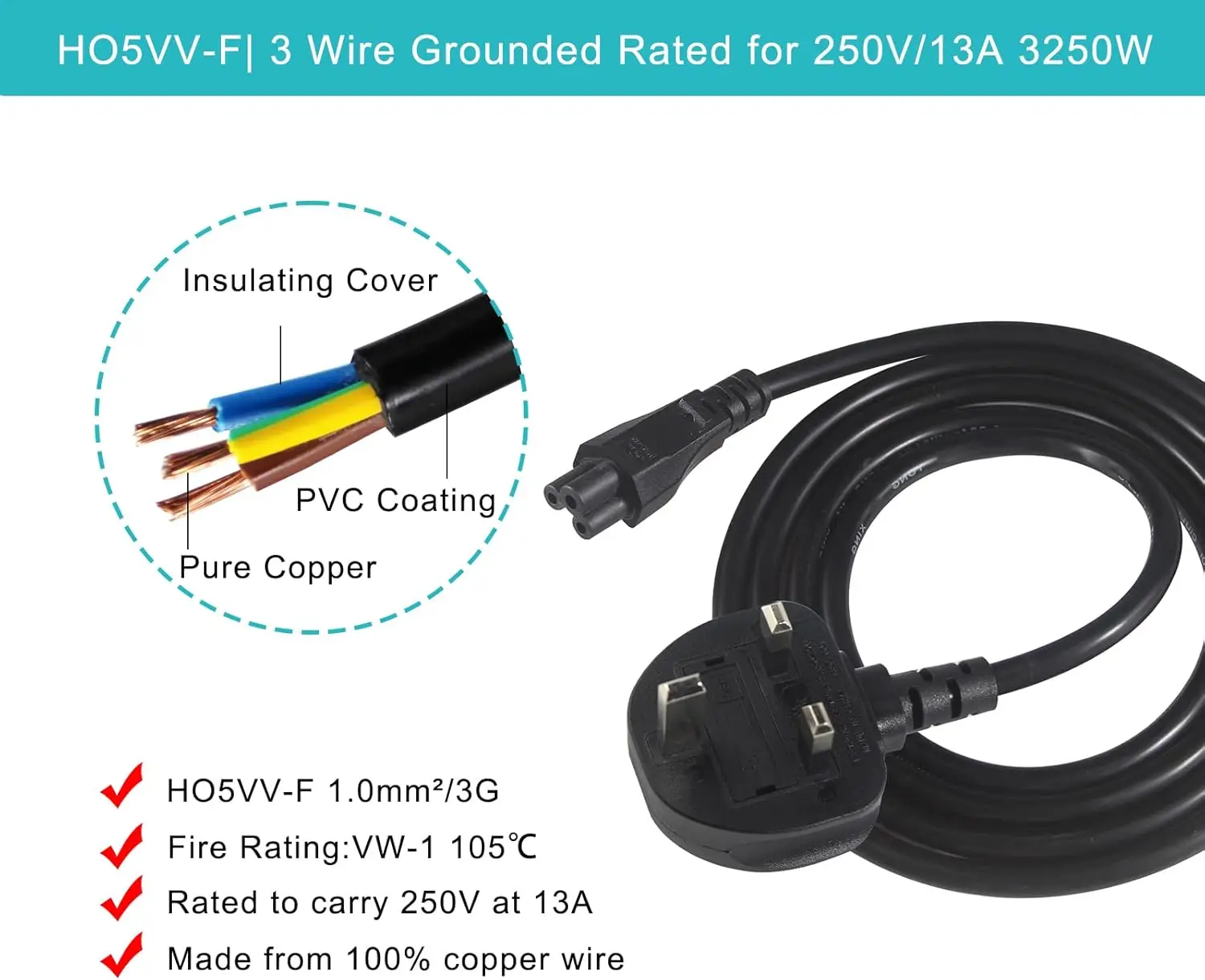 6 FT US 3 Prongs AC Power Cord IEC320 C5 to UK England BS1363 3 Prongs ...