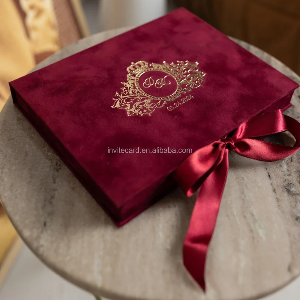 Luxury Red Velvet Wedding Invitation Box Suede Bespoke Acrylic Card ...