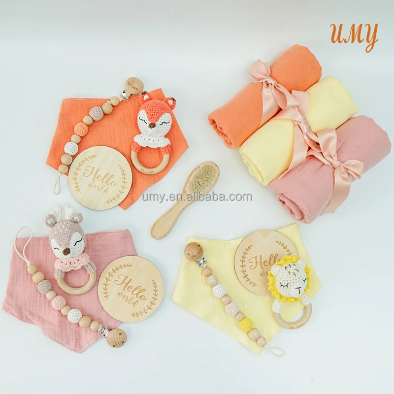 Crochet Toy Wooden Teether Animal Rattle Baby Wrap Swaddle Blanket Cot ...