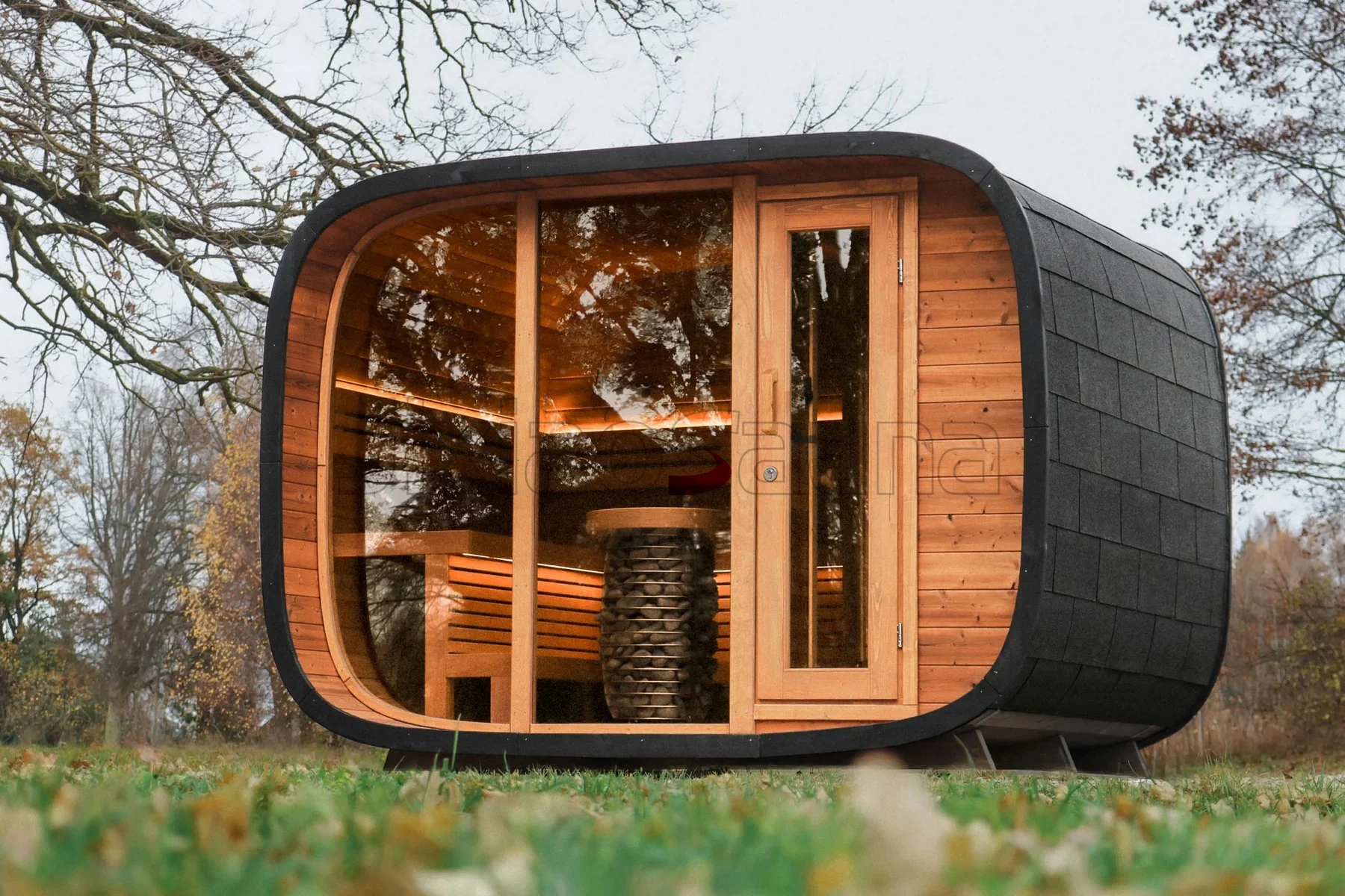 Curved Wooden Sauna Room with Large Windows | Contemporary Outdoor ...