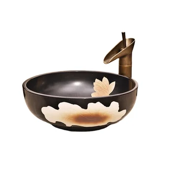 Embossed Lotus Europe Style Counter Top Basin Round Black Matt Art ...