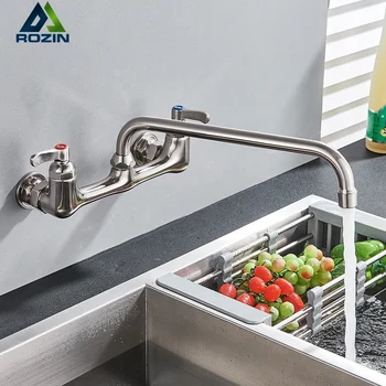 Wall Mounted Long Spout Kitchen Sink Faucet Dual Handle Brushed Nickel ...