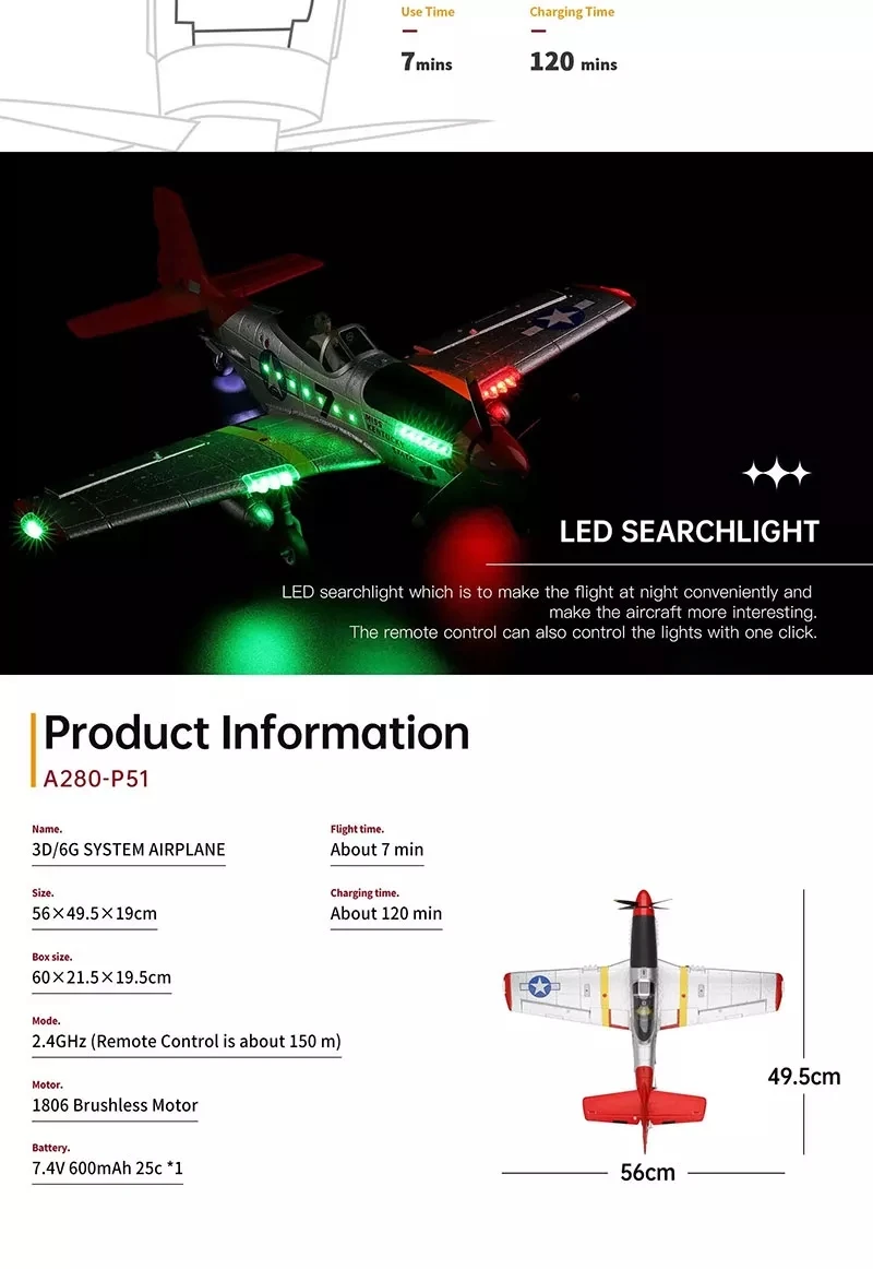 WLtoys XK A280 P51 Brushless 2.4GHz 4CH RC Stunt Fighter Jet Glider ...