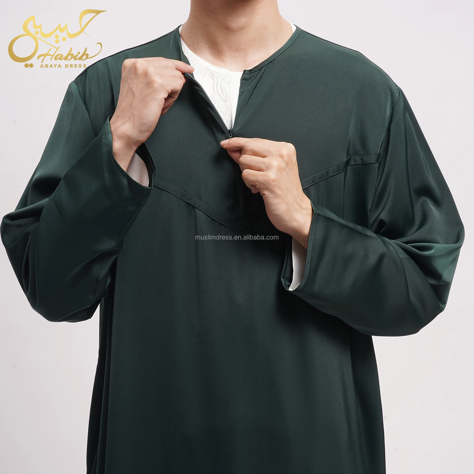 Habib Emirati Thobe for Men - Solid Satin Long Sleeve Islamic Clothing ...