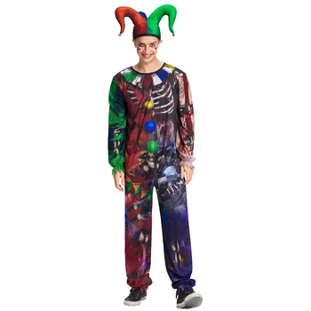 Men Halloween Skeleton Circus Clown Costume,Bones Printed Jumpsuit 3d ...