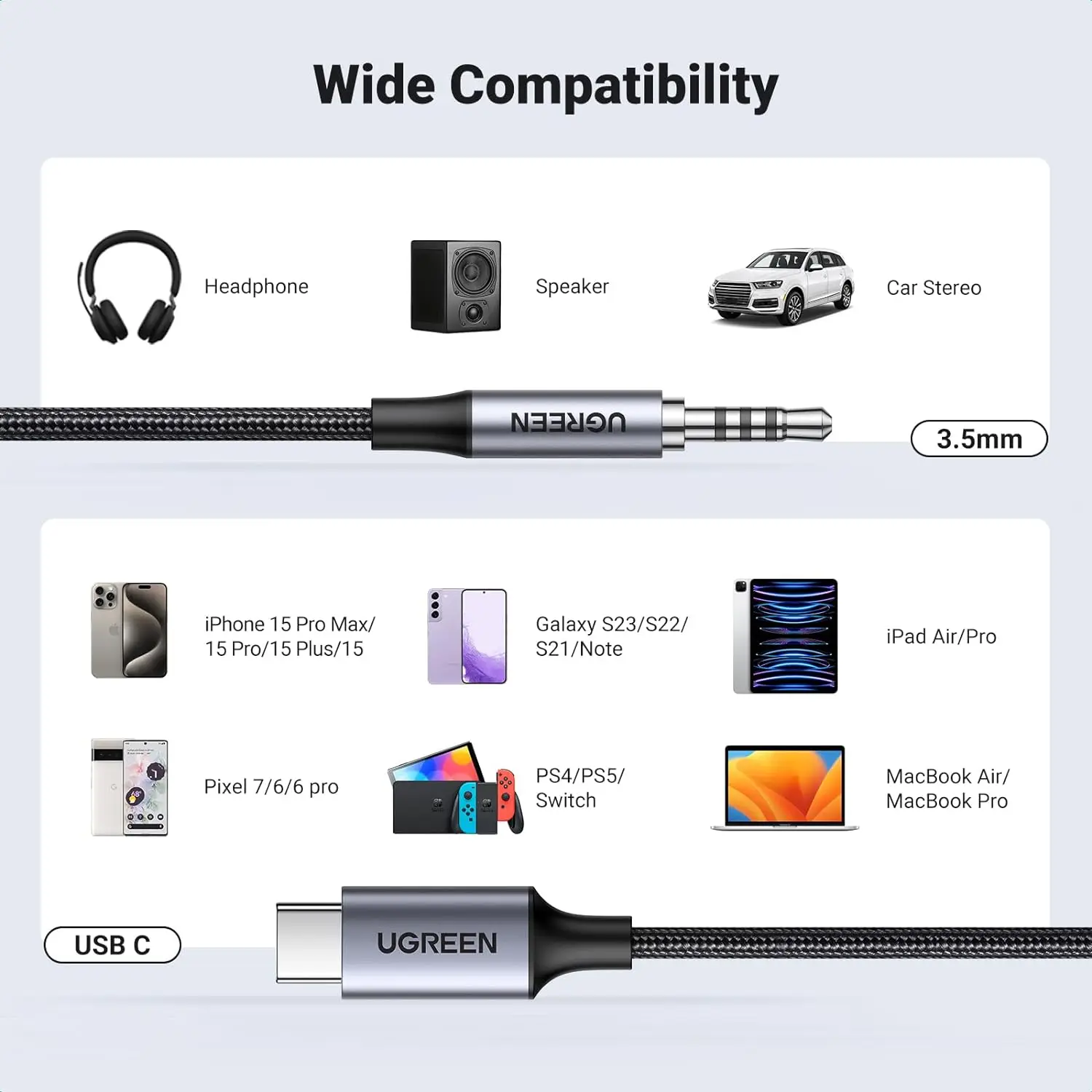 UGREEN CM450 Aux to USB Type C to 3.5mm Audio Jack Cable 1M USB C to ...