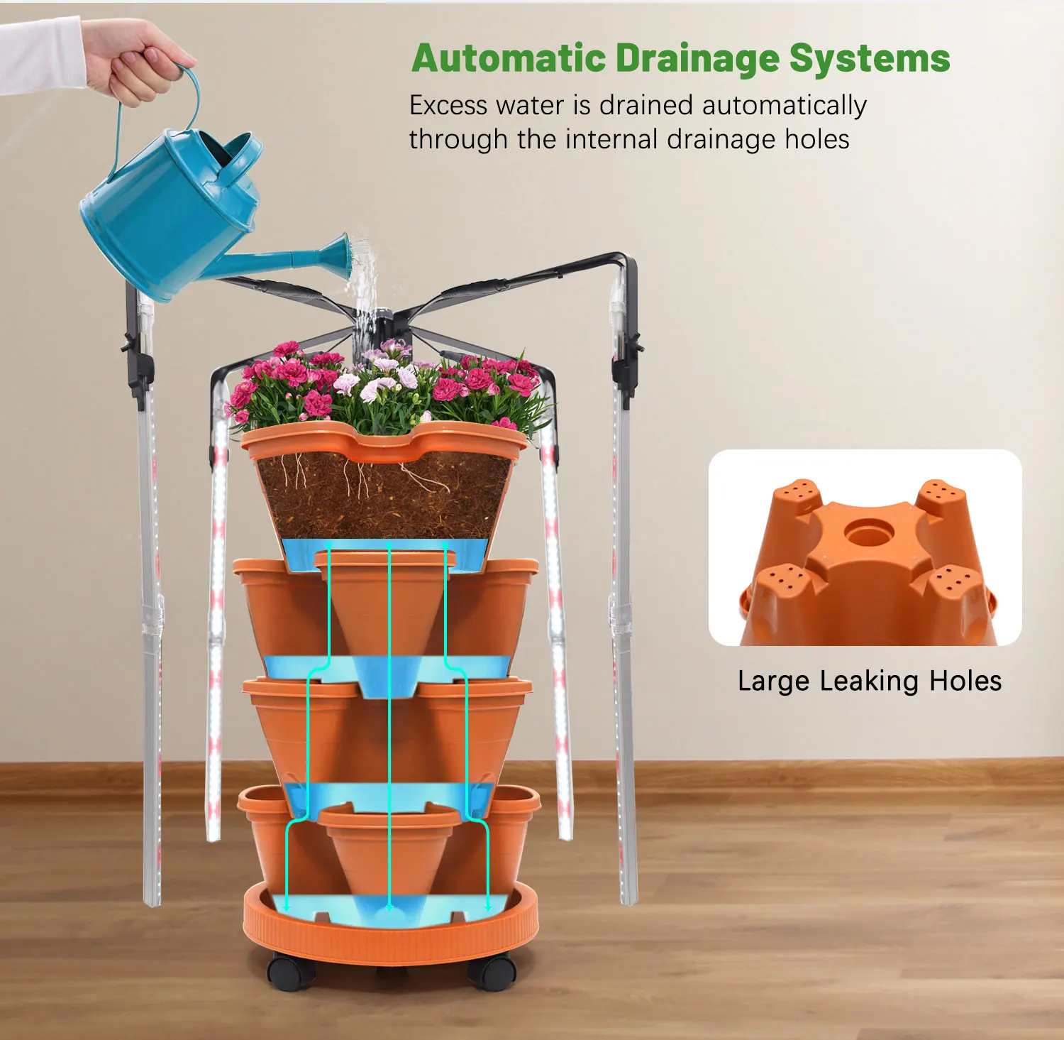 4 Tier Soil Cultivation Vertical Garden Self Watering Flower Pots Stackable Strawberry Tower ...