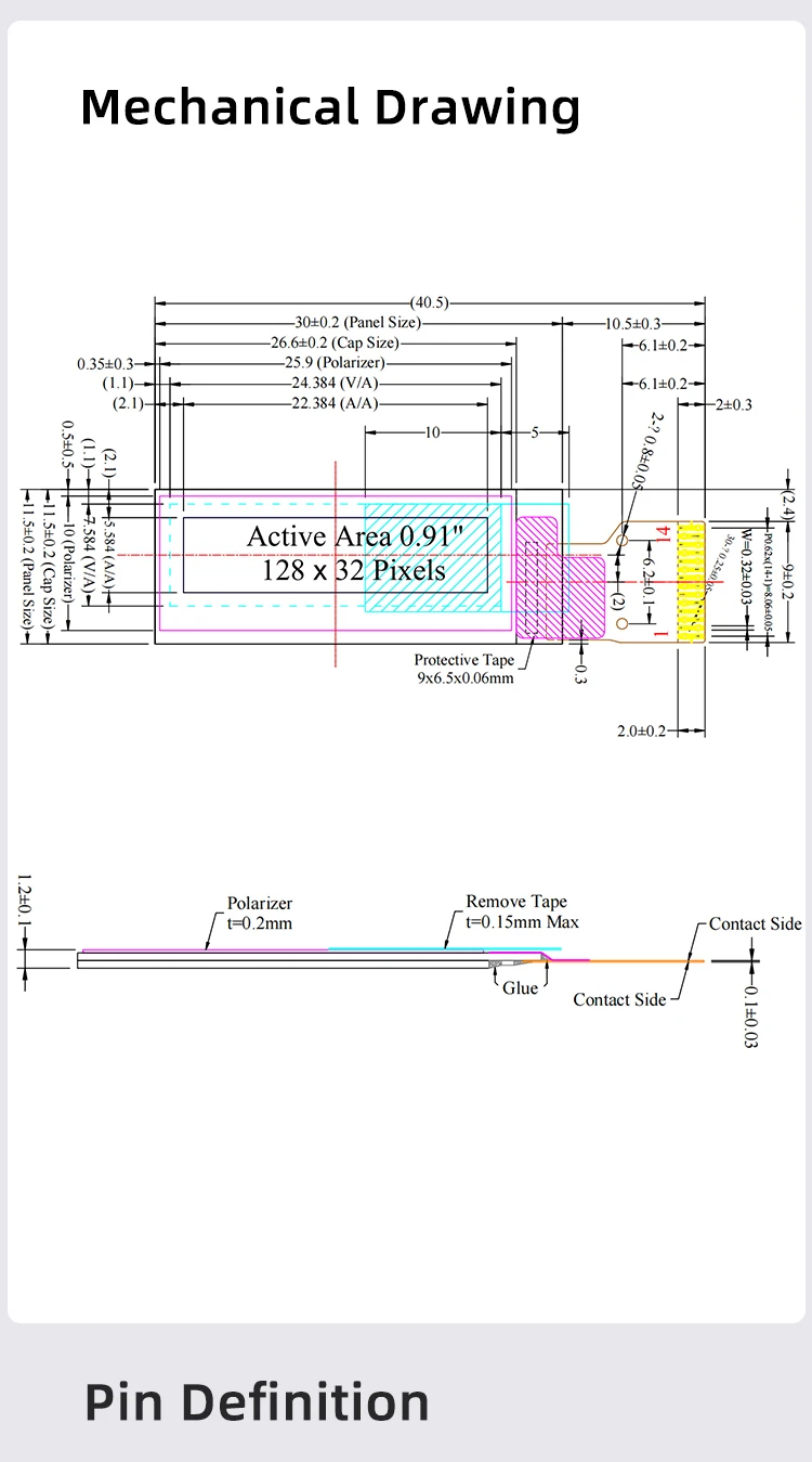 0.91 Inch Oled Display Module 128x32 Driver Ic Is Ssd1306 I2c Interface ...